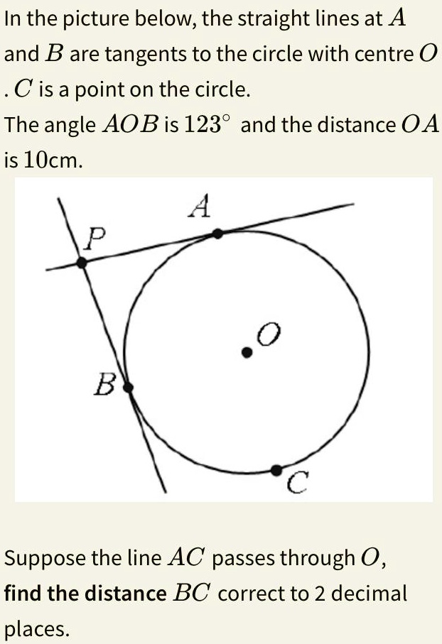 SOLVED: In the picture below, the straight lines at A and B are tangents to the circle with ...