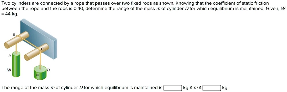 Two cylinders are connected by a rope that passes over two fixed rods ...