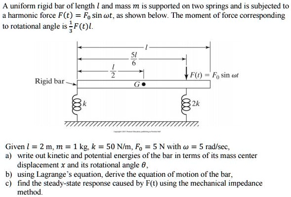 SOLVED: A uniform rigid bar of length l and mass m is supported on two ...