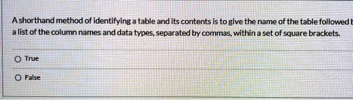 A shorthand method of identifying a table and its contents is to give ...