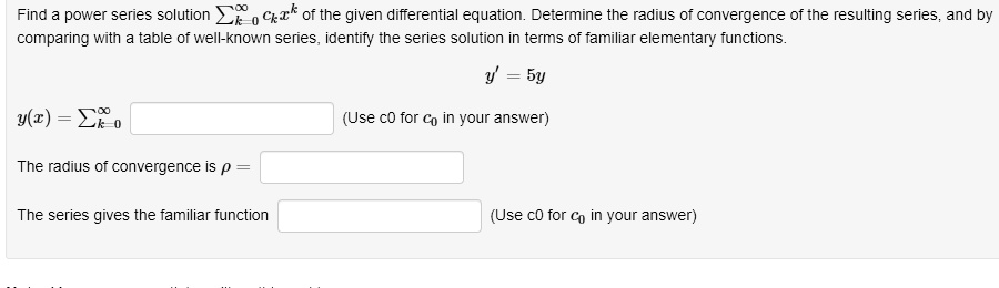 SOLVED: Find power series solution y = ∑n=0^∞ Cn z^n of the given differential equation ...
