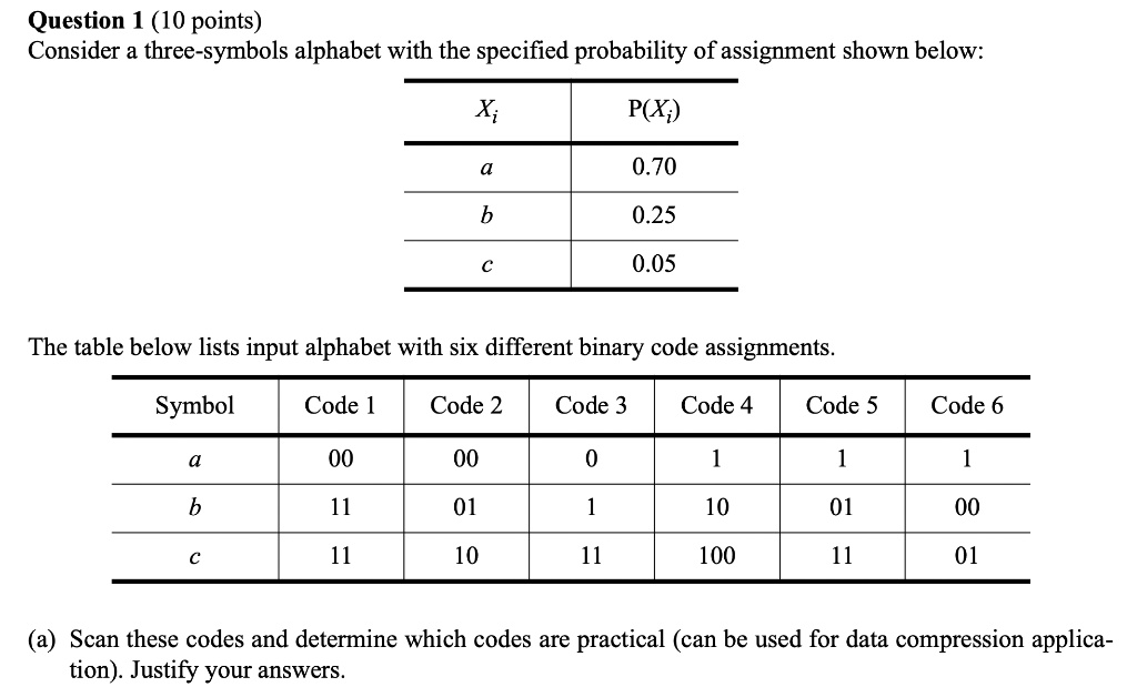 Question 1 (10 points) Consider a three-symbols alphabet with the ...