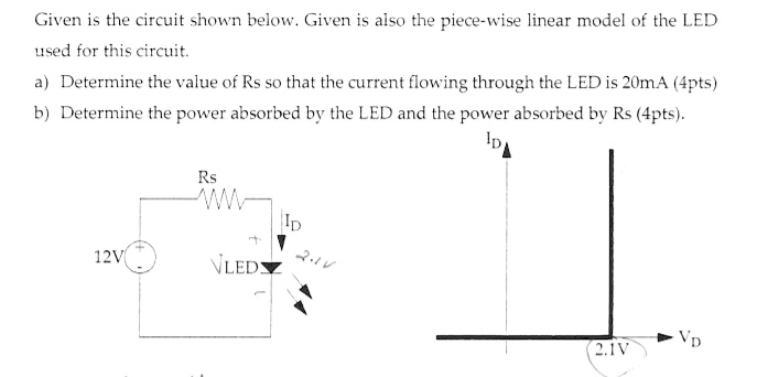 SOLVED: Given is the circuit shown below. Given is also the piece-wise linear model of the LED ...