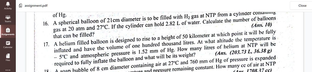 SOLVED: 'how to do question no 17 assignment pdf Close Acina of Hg: NTP ...