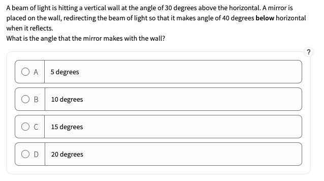 A beam of light is hitting a vertical wall at the angle of 30 degrees ...
