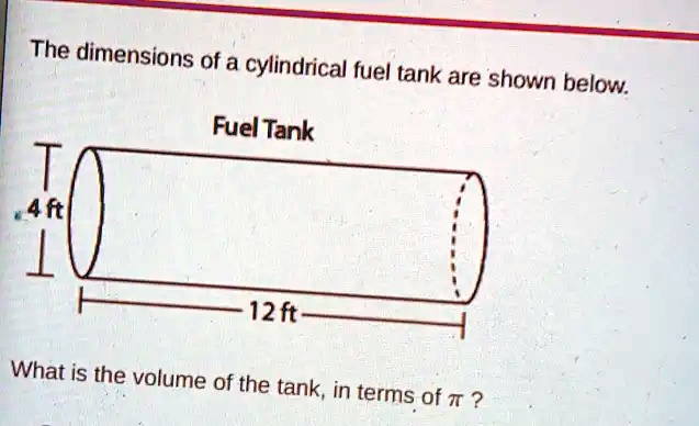 SOLVED: The dimensions of a cylindrical fuel tank are shown below: Fuel Tank 12 ft What is the ...