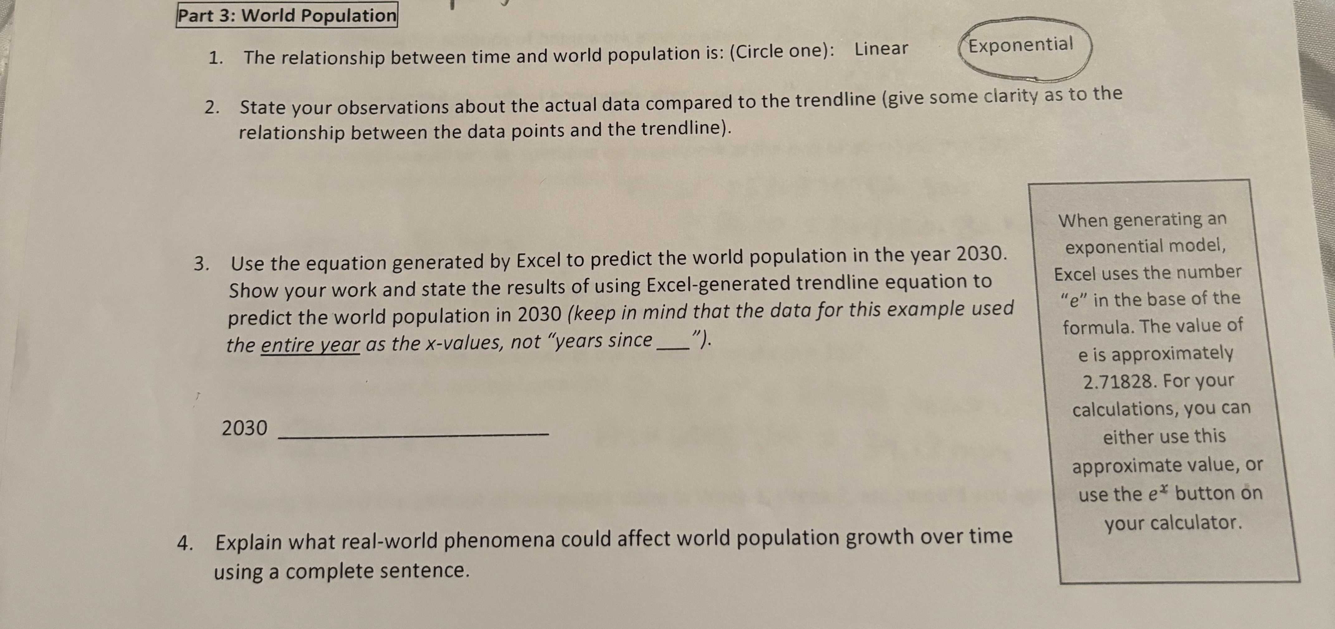 SOLVED: Part 3: World Population 1. The relationship between time and ...