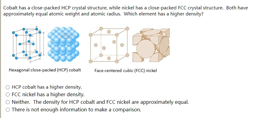 SOLVED: Cobalt has a close-packed HCP crystal structure, while nickel has a close-packed FCC ...