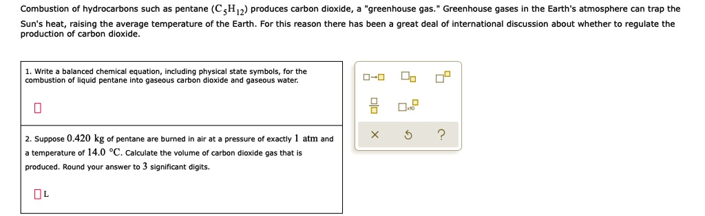 Combustion of hydrocarbons such as pentane (C5H12) produces...