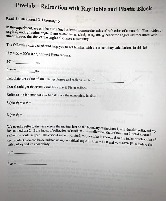 SOLVED:Pre-lab Refraction with Ray Table and Plastic Block Read the lab manual 0-1 thoroughly ...