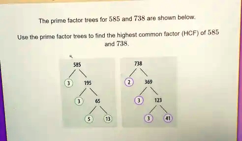SOLVED: The prime factor trees of 585 and 738 are shown below. Use the ...