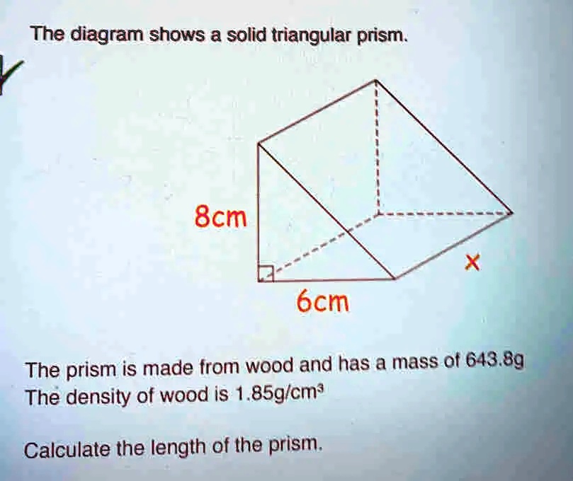 SOLVED: The diagram shows a solid triangular prism. 8cm 6cm The prism ...