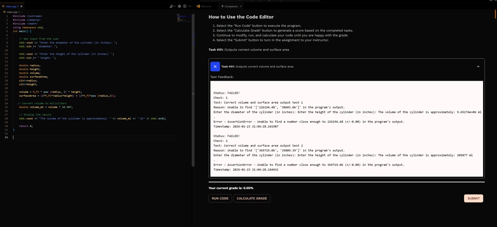 c how to use the code editor select the run code button to execute the program select the ...