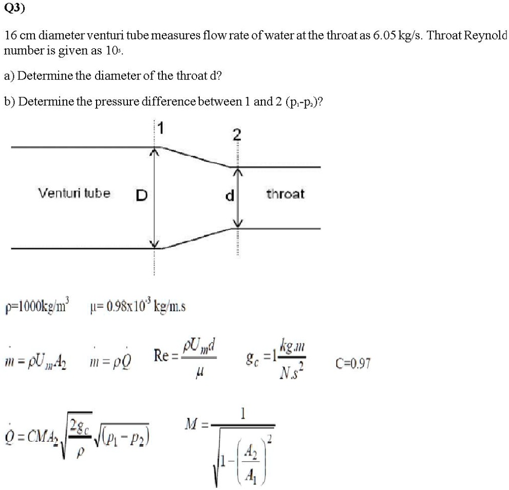 SOLVED: Q3) A 16 cm diameter venturi tube measures the flow rate of ...