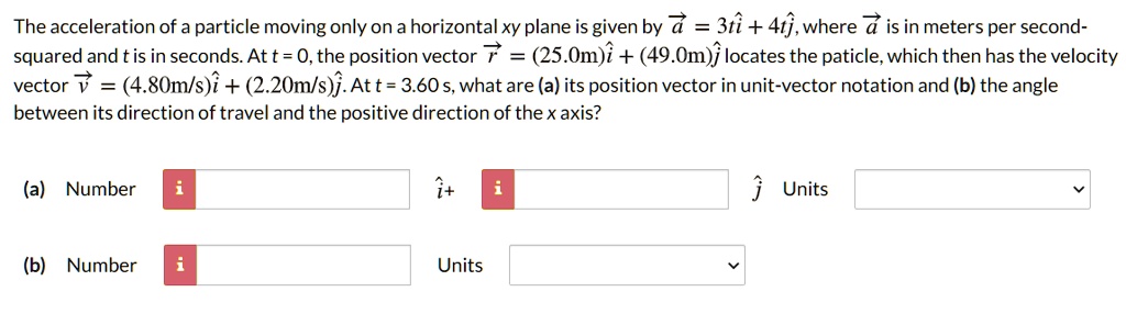 SOLVED:The acceleration of a particle moving only on a horizontal xy plane is given by & = 3ti ...