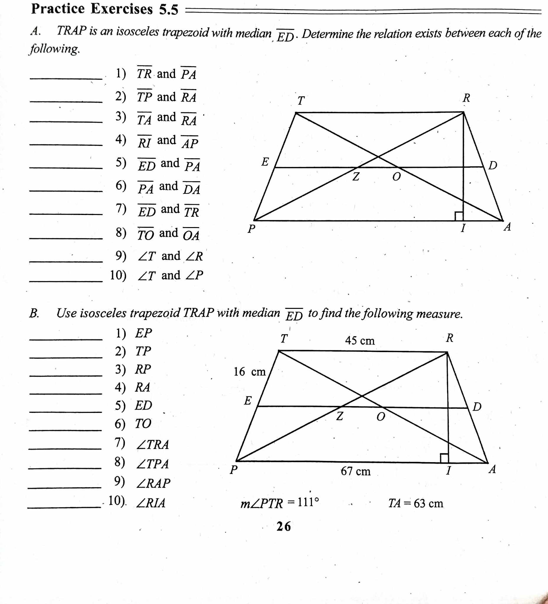 SOLVED: Practice Exercises 5.5 A. TRAP is an isosceles trapezoid with median E D. Determine the ...