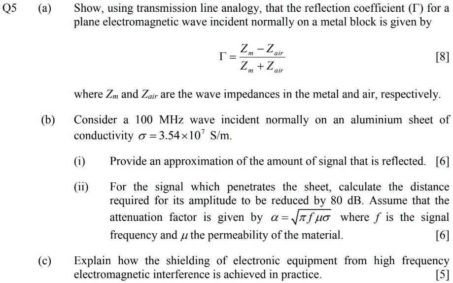 Q5 (a) Show, using transmission line analogy, that the reflection ...