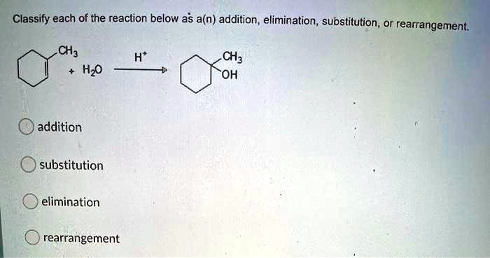 SOLVED: Classify each of the reactions below as an addition, elimination, substitution, or ...