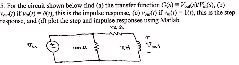 5. For the circuit shown below find (a) the transfer function G(s) = (Vout(s))/(Vin(s)), (b ...
