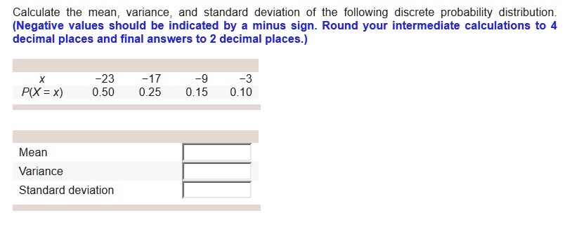 Calculate the mean, variance, and standard deviation of the following discrete probability ...