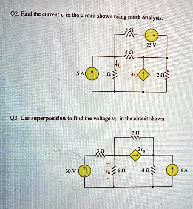 Q2. Find the current io in the circuit shown using mesh analysis. 5? 25 V 4 ? io 5 A 1 ? 4io 2 ...
