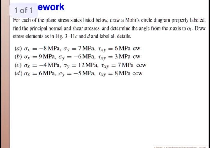 ework 1 of 1 for cach of the plane stress states listed below draw a ...