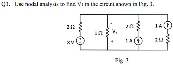 SOLVED: Q3. Use nodal analysis to find V1 in the circuit shown in Fig. 3. 20Î© 2A 1A 10Î© V1 29Î ...