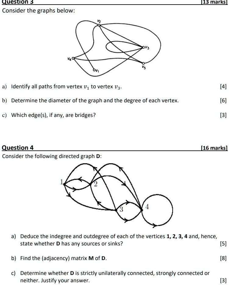 SOLVED: Question 3: Consider the graphs below: IB marks: OVi Identify all paths from vertex V1 ...