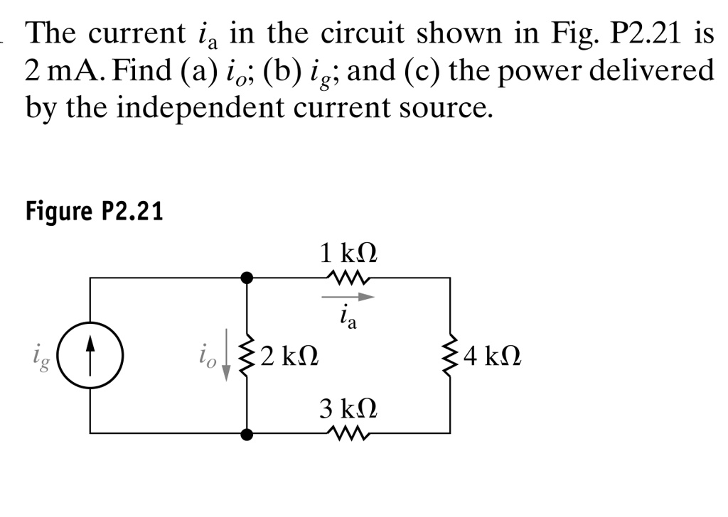 the current i in the circuit shown in fig p221 is 2 ma find a io b ig and c the power delivered ...