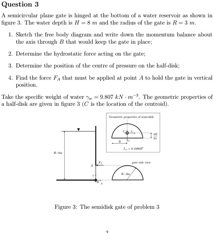 SOLVED: Question 3 A semicircular plane gate is hinged at the bottom of a water reservoir as ...