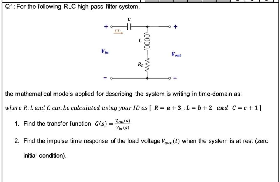 Q1: For the following RLC high-pass filter system, + C i(t) L + Vin ...
