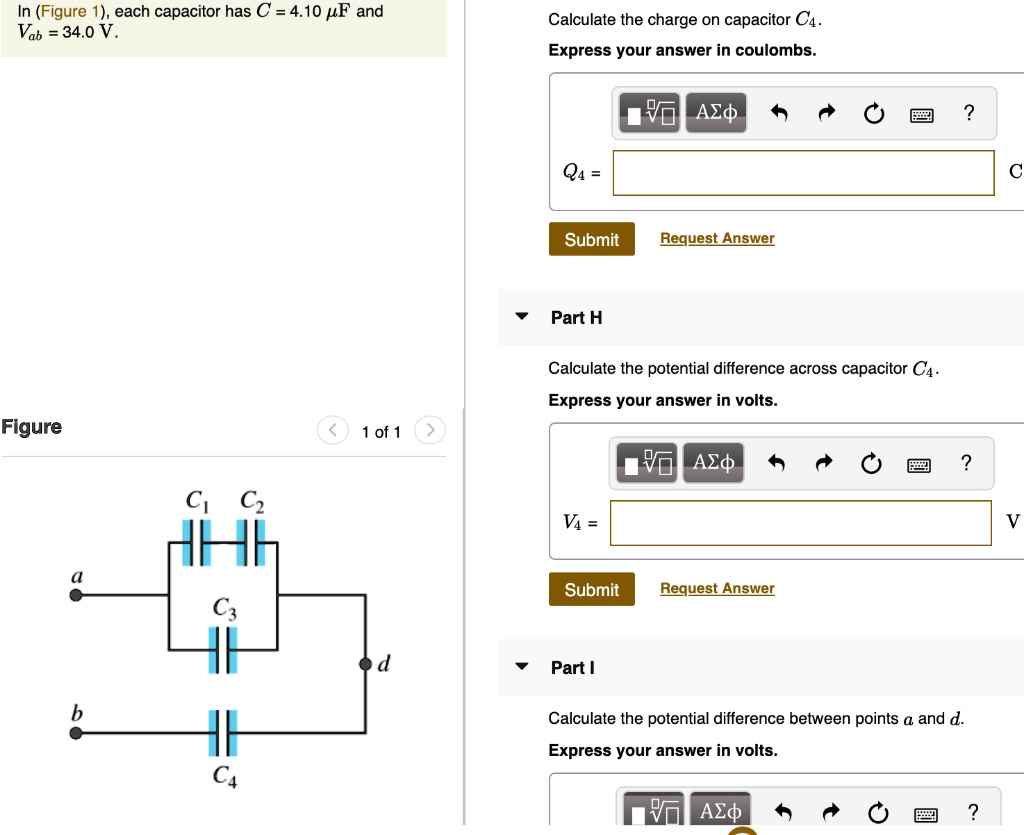 SOLVED: (Figure 1) , each capacitor has C = 4.10 pF and Vab 34.0 V Calculate the charge on ...