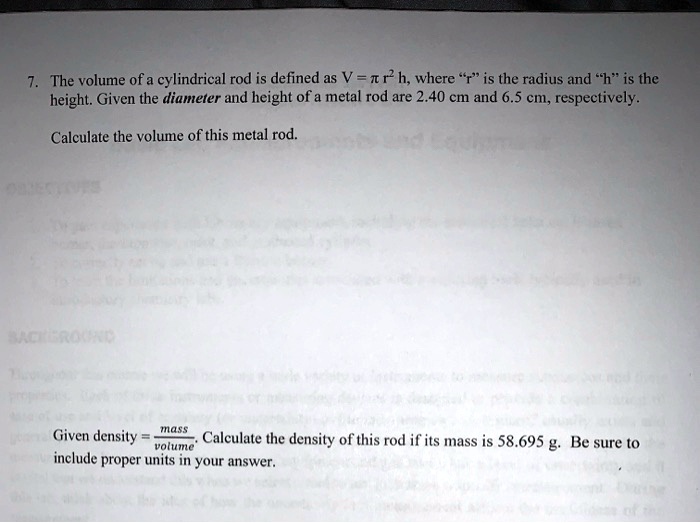 the volume of a cylindrical rod is defined as v t 1 h where is the ...