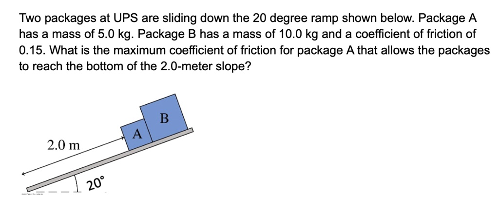 Two packages at UPS are sliding down the 20 degree ramp shown below ...