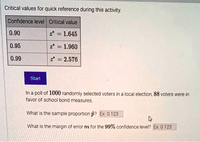 SOLVED: Critical values for quick reference during this activity ...