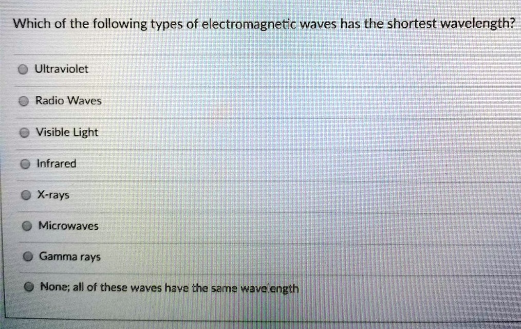 SOLVED: Which of the following types of electromagnetic waves has the ...