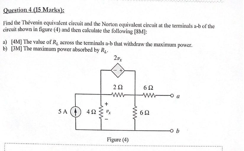 Question 4 (15 Marks): Find the Thévenin equivalent circuit and the Norton equivalent circuit at ...