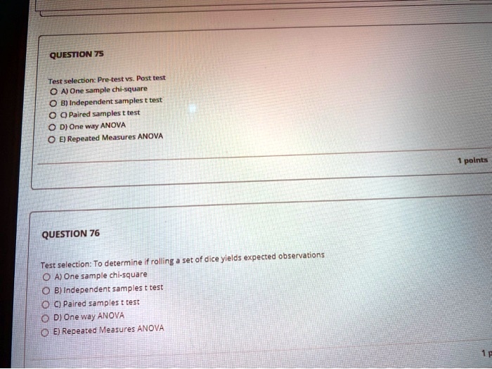 SOLVED:QUESMION 75 Test selecton: Pre test vS Post ! 0 Al One sample ...