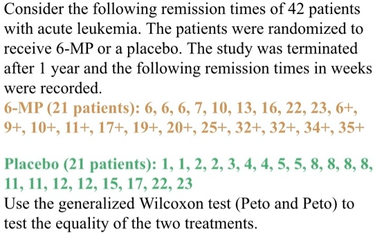 consider the following remission times of 42 patients with acute leukemia the patients were ...