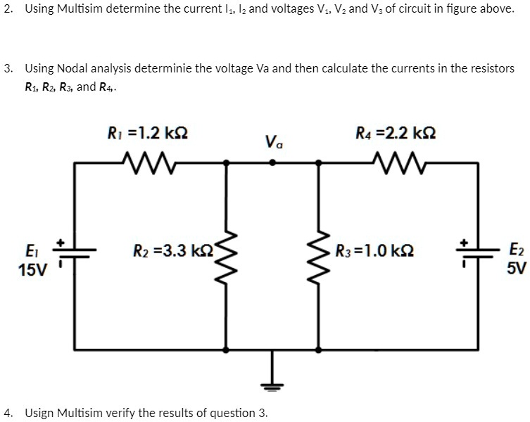 SOLVED: Using Multisim, determine the current I, Iz, and voltages Vz, Vz, and V in the circuit ...