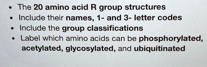 The 20 amino acid R group structures • Include their names, 1- and 3 ...