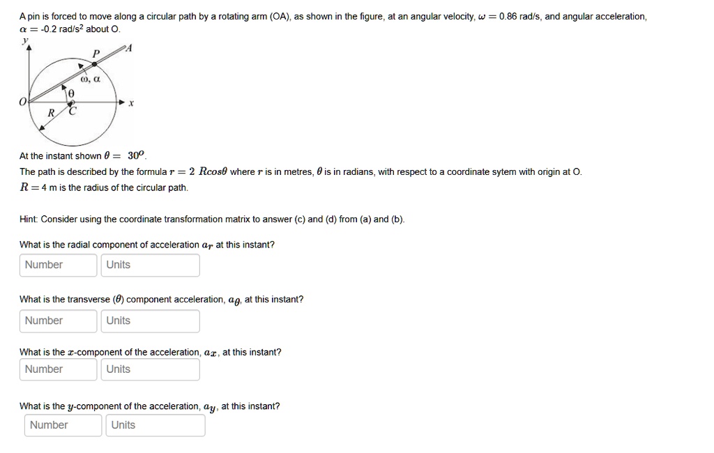 A pin is forced to move along a circular path by a rotating arm (OA), as shown in the figure, at ...
