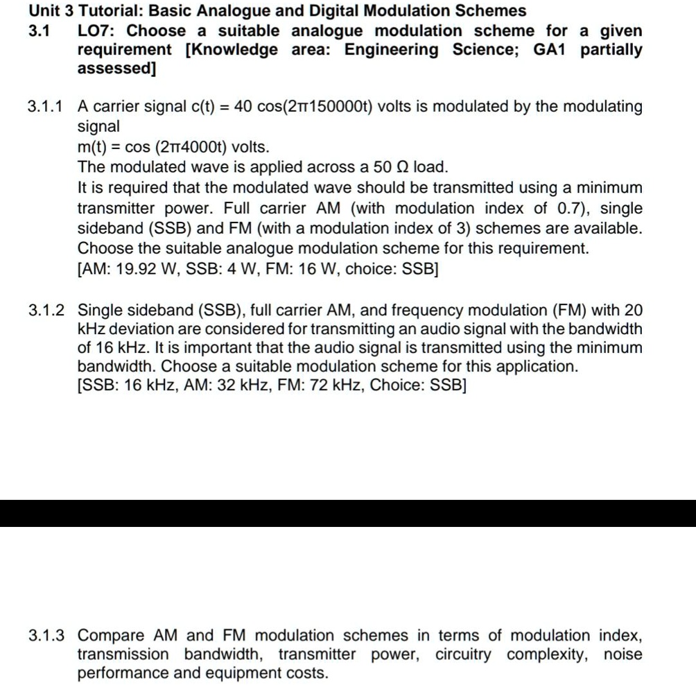 Unit 3 Tutorial: Basic Analogue and Digital Modulation Schemes 3.1 LO7: Choose a suitable ...