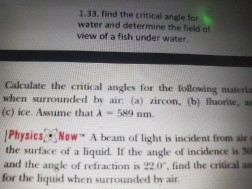 SOLVED: 1.33. Find the critical angle for water and determine the field ...