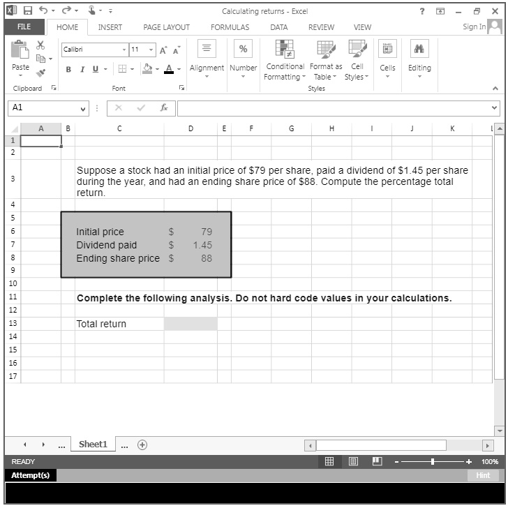 Solved Calculating Returns Excel Page Layout Formulas Data Review View Sign In Calibri 11aa
