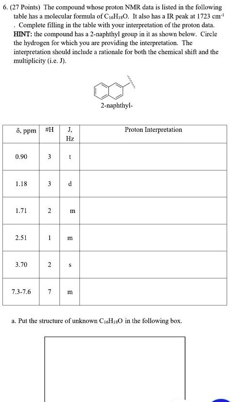 SOLVED: (27 Points) The compound whose proton NMR data is listed in the following table has a ...