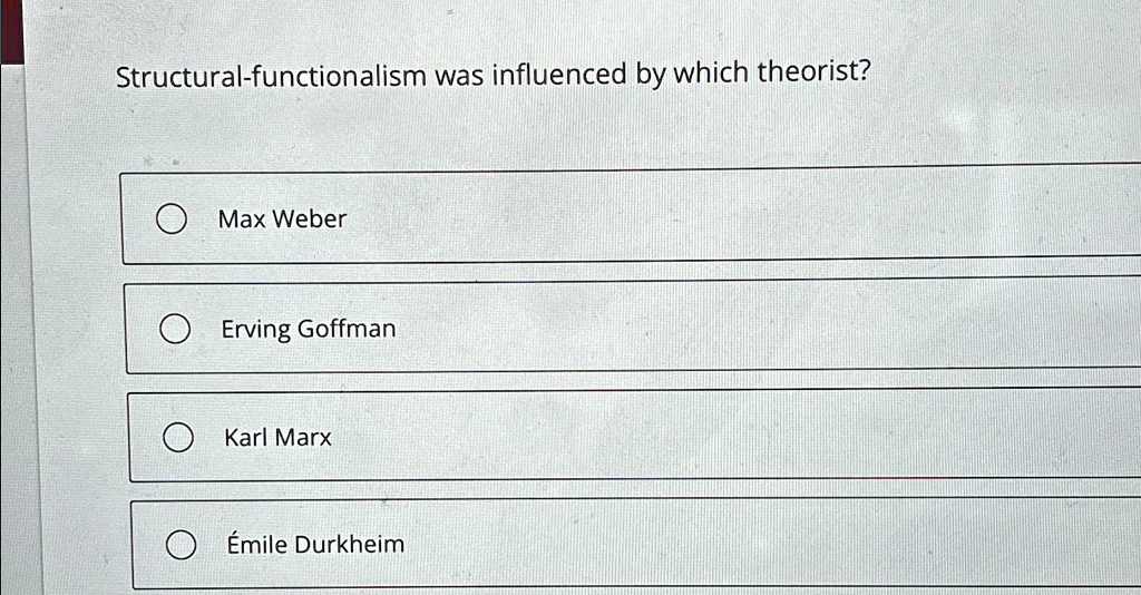 SOLVED: Structural-functionalism was influenced by which theorist? Max ...