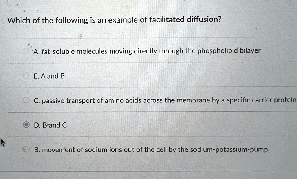Which of the following is an example of facilitated diffusion? A. fat ...