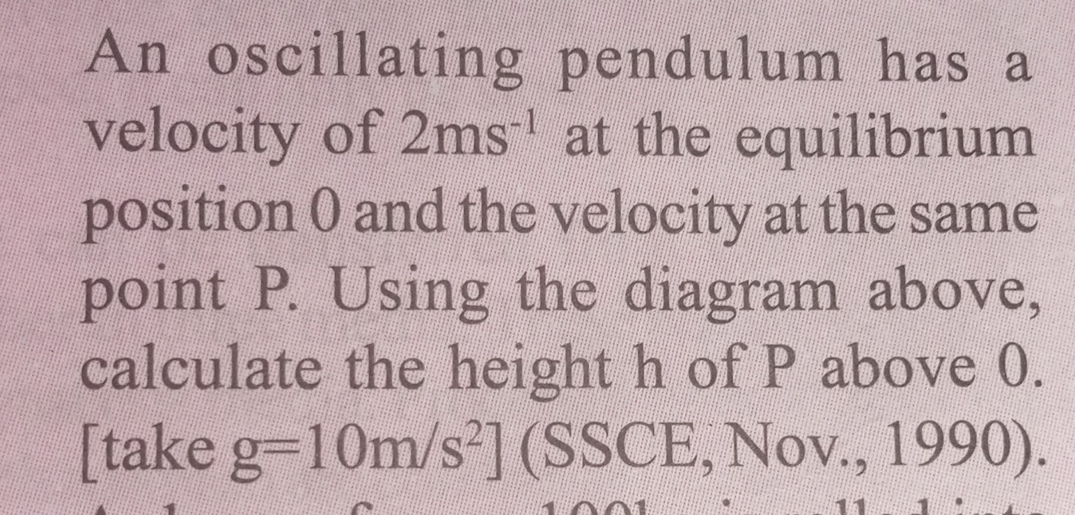 SOLVED: An oscillating pendulum has a velocity of 2 ms^-1 at the ...