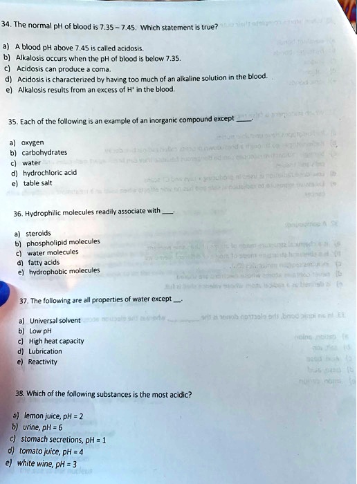 SOLVED: 34. The normal pH blood is 7.35 Which statement Inuer blood pH ...